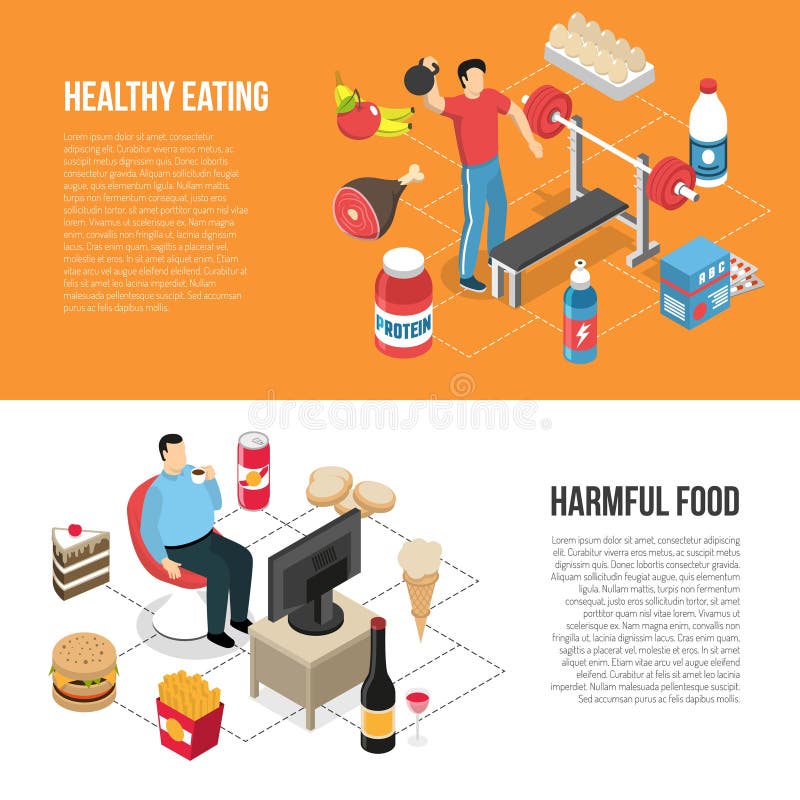Healthy Unhealthy Lifestyles Isometric Banners Stock Vector