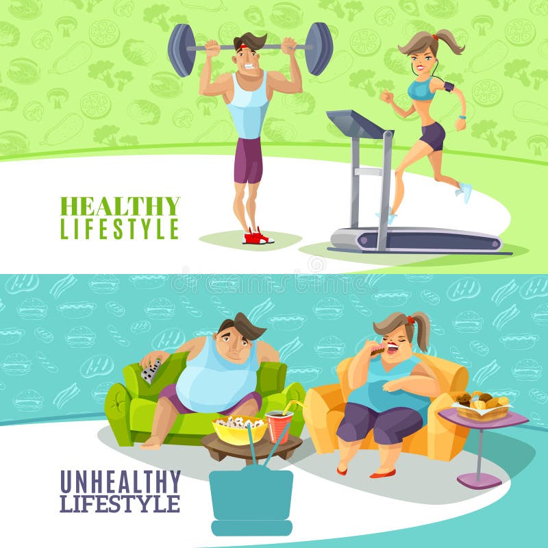 Healthy Unhealthy Lifestyles Isometric Banners Stock Vector