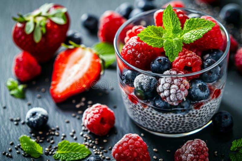 Healthy Vanilla Chia Pudding in a Glass with Fresh Berries. Stock Image ...