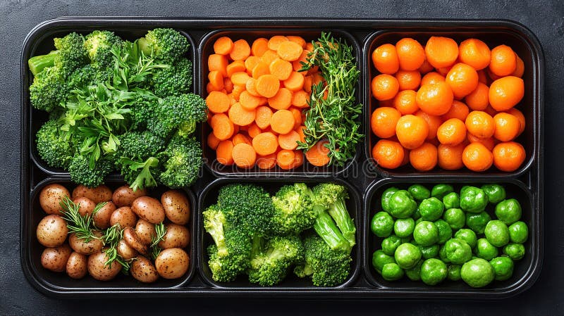 Healthy Vegetable Meal Prep Tray, Kitchen Counter Background Stock ...