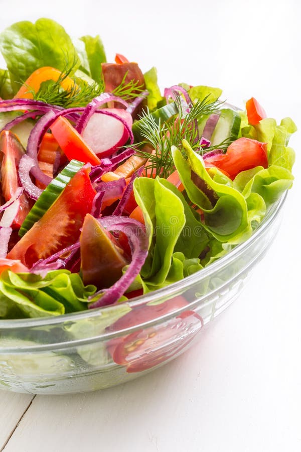 Glass Bowl with Delicious Colorful Fresh Vegetable Salad Closeup Stock ...