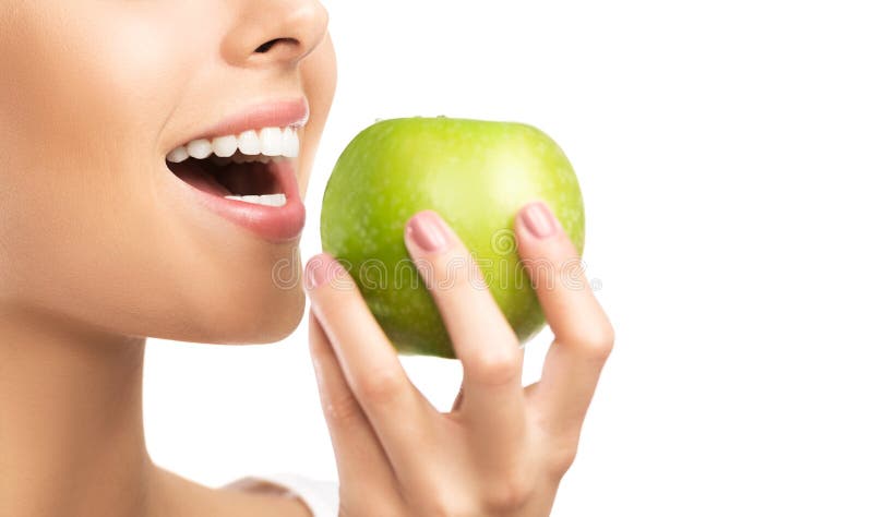Healthy White Teeth Close Up with an Apple, Isolated on White Stock ...