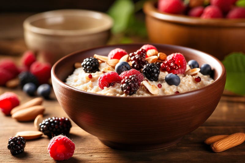Healthy Winter Breakfast with Warm Oatmeal, Berries, and Nuts Stock ...