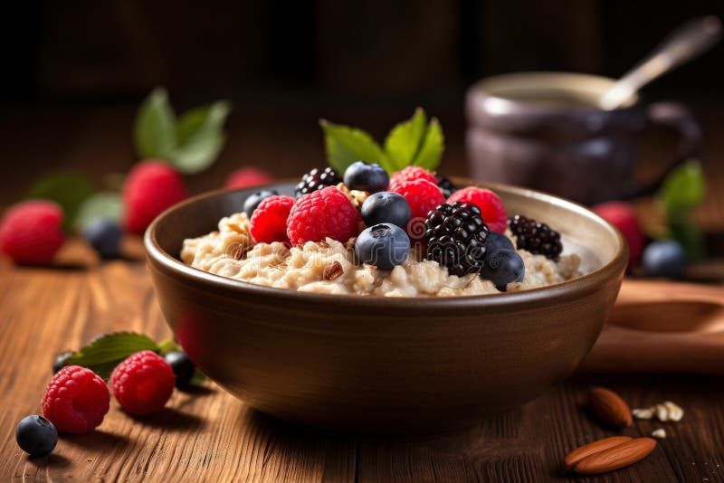 Healthy Winter Breakfast with Warm Oatmeal, Berries, and Nuts Stock ...