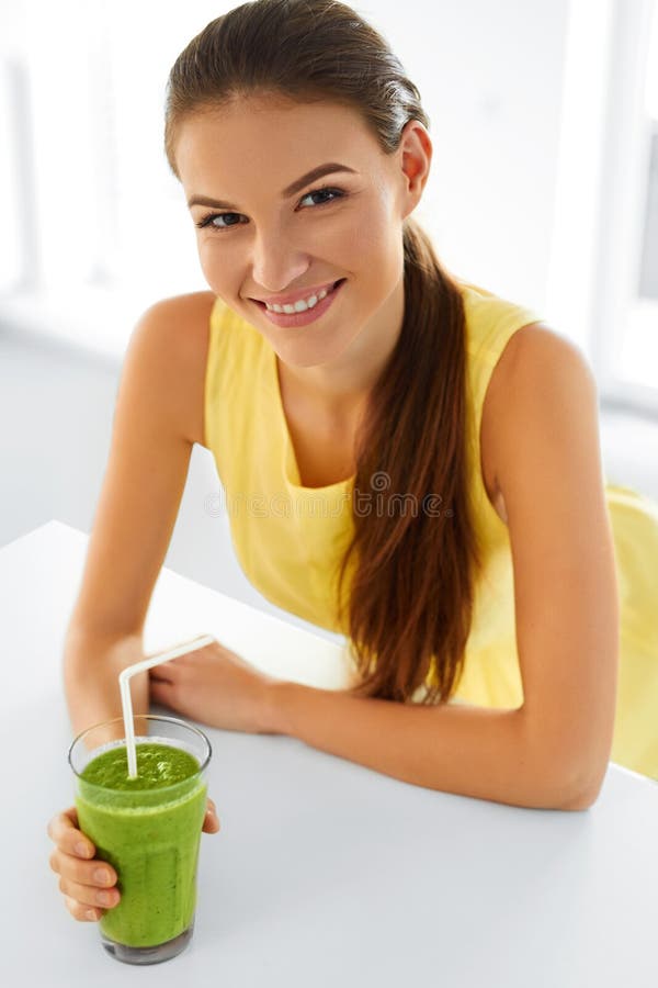 Healthy Woman Drinking Green Detox Juice Lifestyle Food Drin Stock