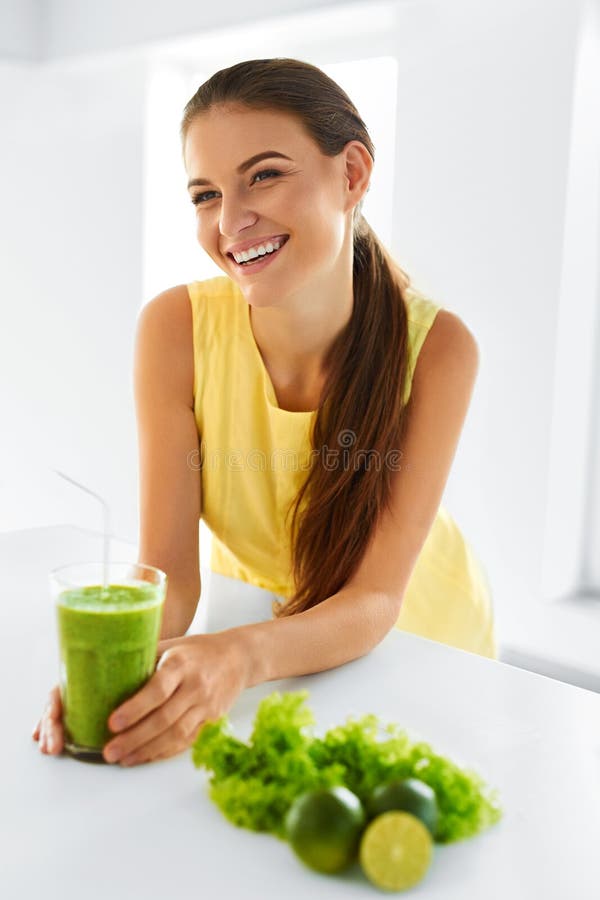 Healthy Woman Drinking Green Detox Juice Lifestyle Food Drin Stock
