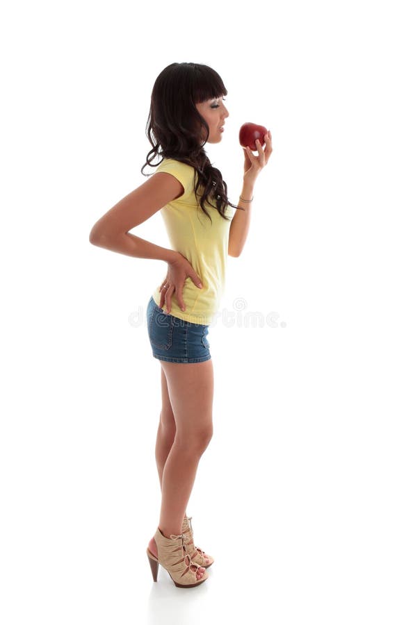 Teen Girl Eat Apple Isolated on White Stock Photo - Image of female ...