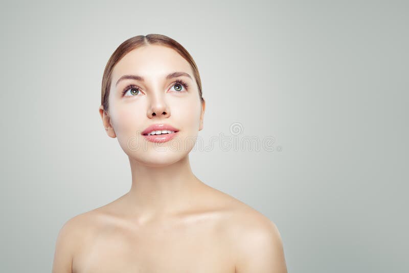 Healthy Woman Looking Up Young Perfect Model Face With Clear Skin