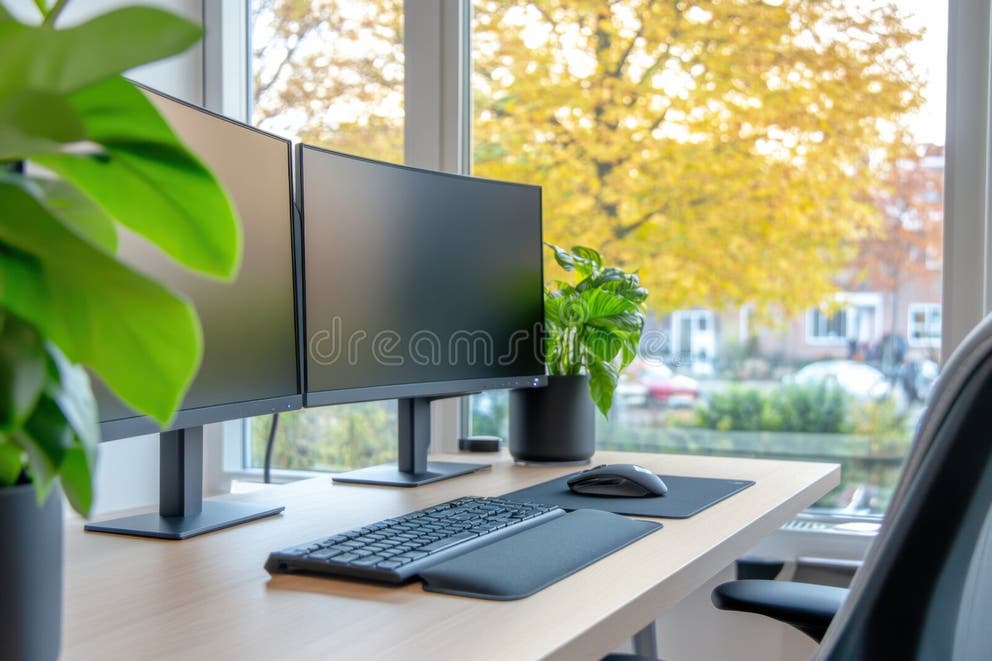 Healthy Workspace Setup with Dual Monitors and Natural Light Creating a ...