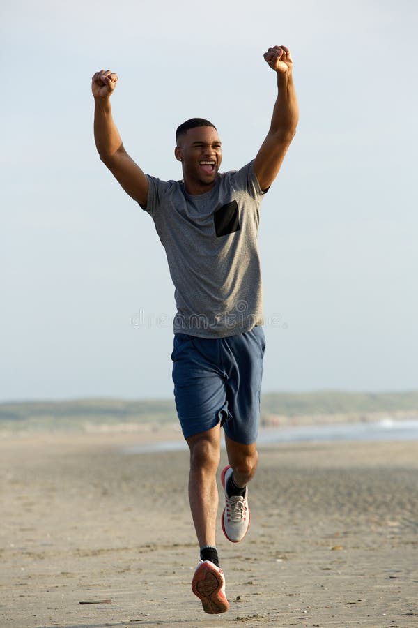 Healthy Young Man Running with Arms Raised Up Stock Image - Image of ...