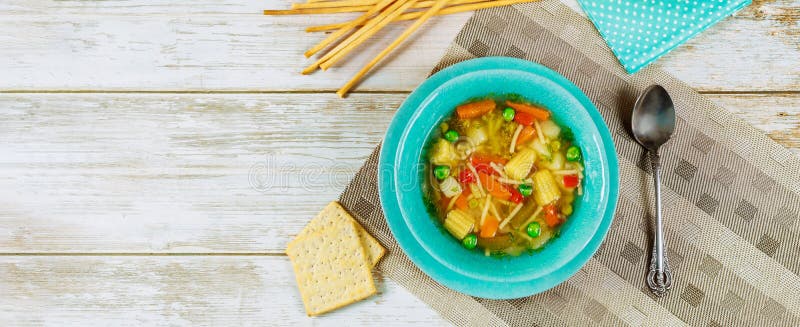 Healty Vegetable Soup with Crackers and Bread Sticks Stock Image ...