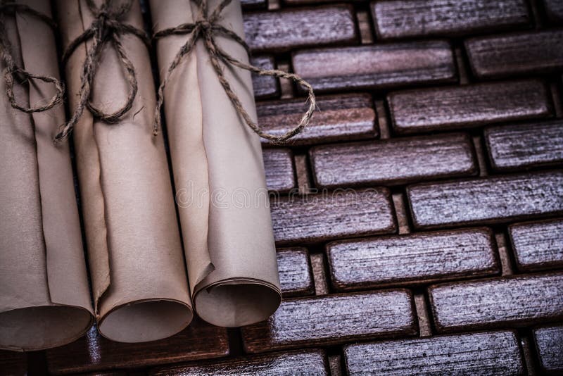 Heap of Antique Paper Rolls on Wicker Wooden Mat Stock Photo - Image of ...