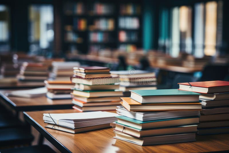 Heap of Books on Table in Library Stock Illustration - Illustration of ...