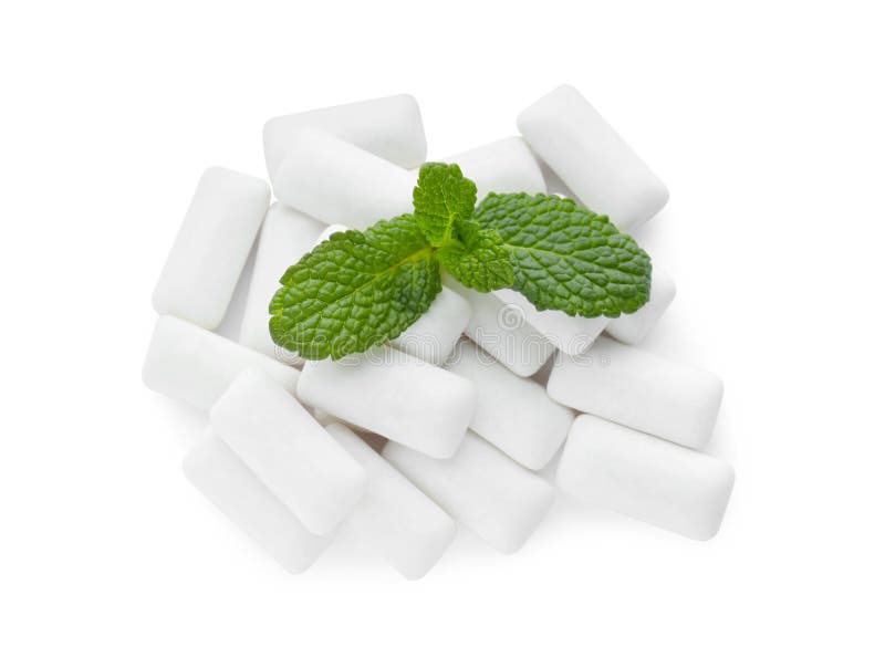 Heap of Chewing Gum Pieces and Mint on White Background, Top View Stock ...