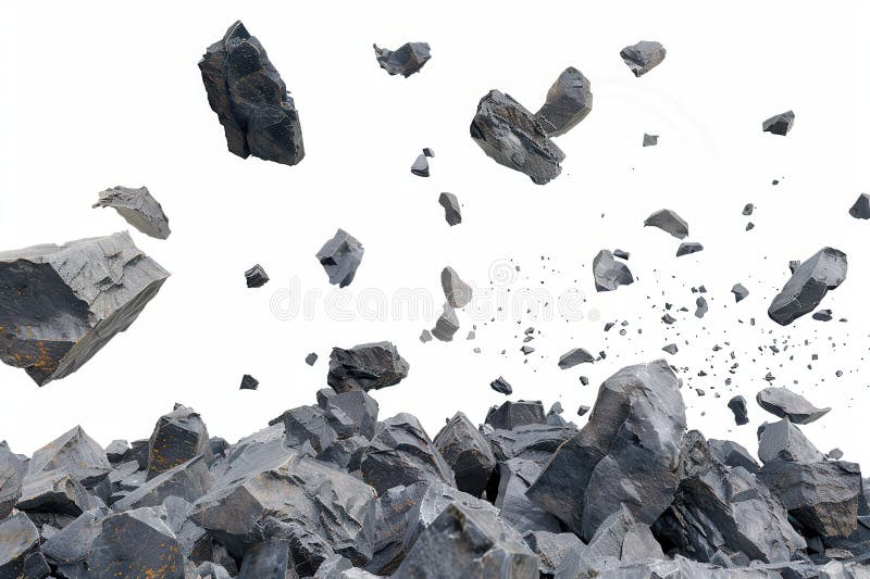 A Heap of Dark Grey Rocks Falling Against a White Background Stock ...
