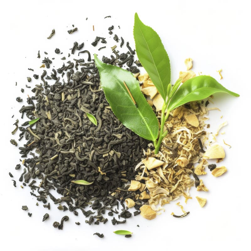 Heap of Dried Tea and Fresh Green Tea Leaves Isolated on White ...