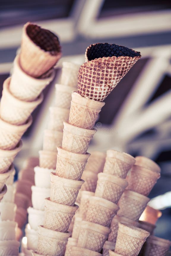 Heap of Empty or Blank Ice Cream Cones in a Shop Stock Photo - Image of ...