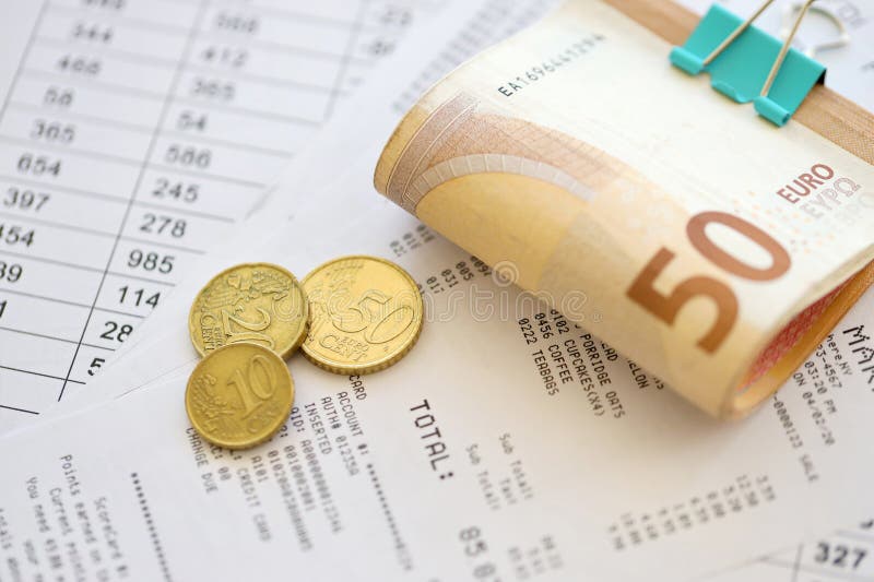 Heap of Euro Money Bills in Stationery Clip on Papers with Calculations ... Heap of Euro Money Bills in Stationery Clip on Papers with Calculations ...