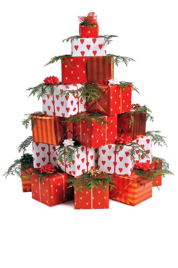 Tall Stack of Christmas Presents Isolated on White Stock Photo - Image ...
