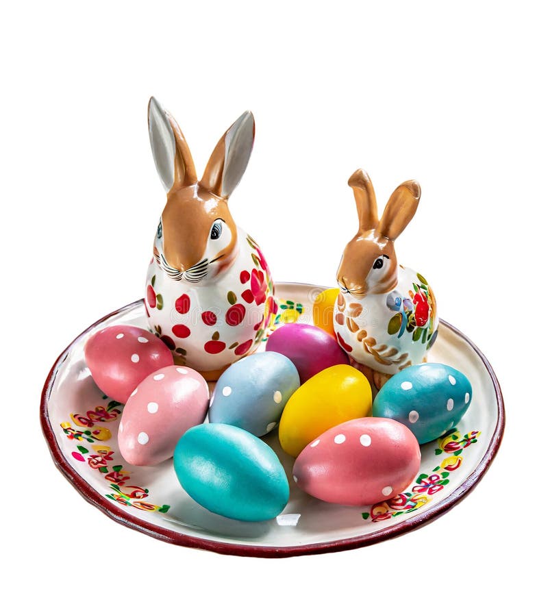 Heap of Multi Colored Easter Eggs with Two Easter Bunnies on ...