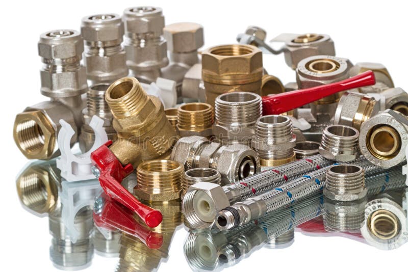 Plumbing parts on a white stock image. Image of chrome - 15396949