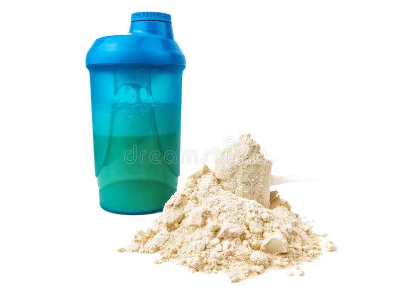 Heap of Protein and Blue Shaker on White Stock Image - Image of bottle ...