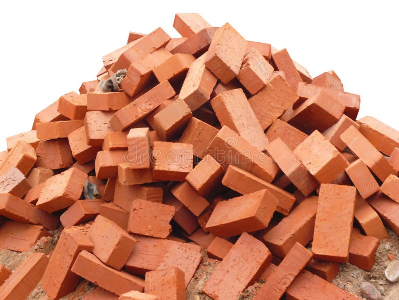 Heap of red brick isolated stock photo. Image of pattern - 9583656