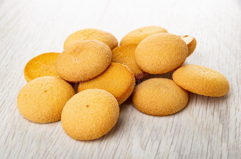 Heap of Round Biscuits on Wooden Table Stock Image - Image of small ...