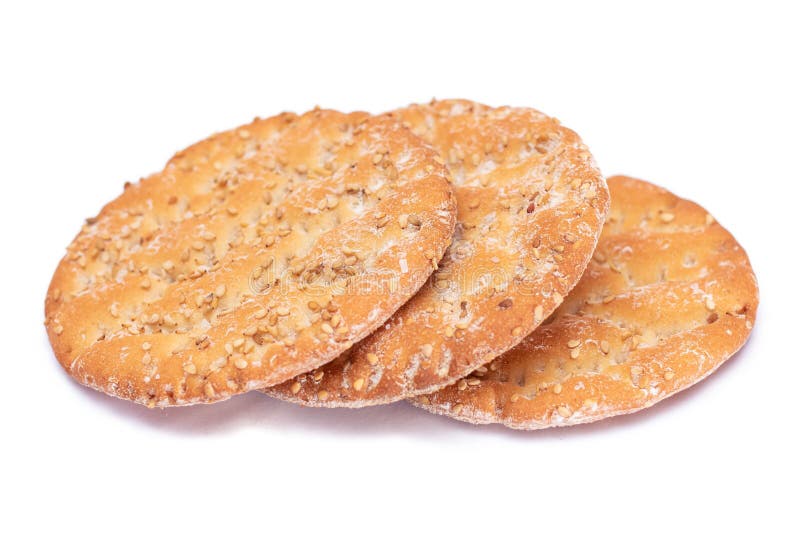 A Heap of Round Salt Crackers with Sesame Isolated on White Background ...
