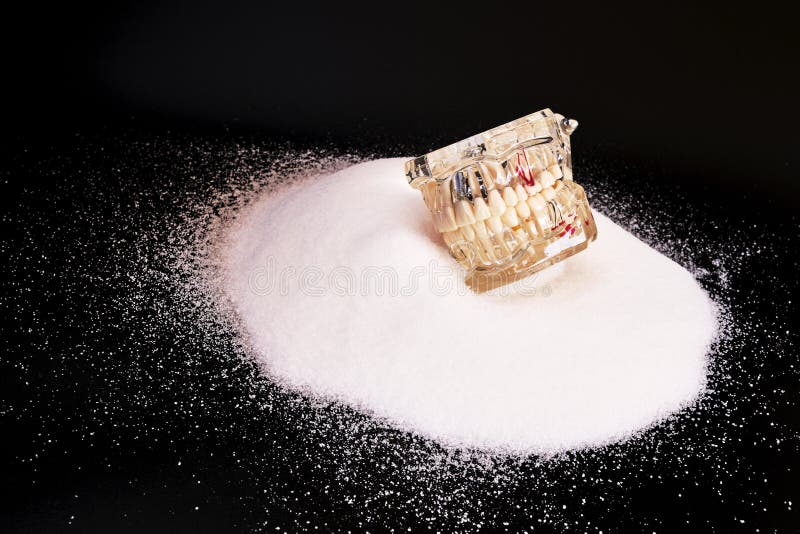 Heap of White Sugar on Black Background, Glucose Energy Causes Tooth ...