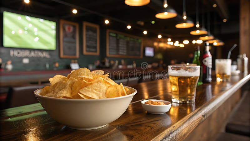 Heaping Bowl of Golden Potato Chips in a Cozy Bar Setting with ...
