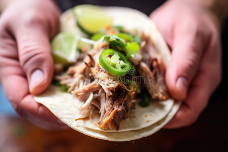 Heaping Carnitas on a Warm Flour Tortilla, Hands Visible Stock Image ...