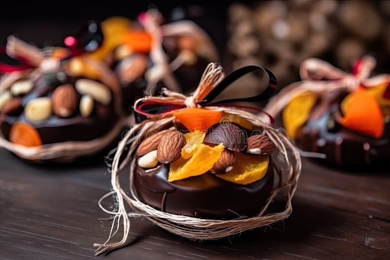 Heaping Serving of Candy-bar Fruit and Nuts with Ribbons of Chocolate ...