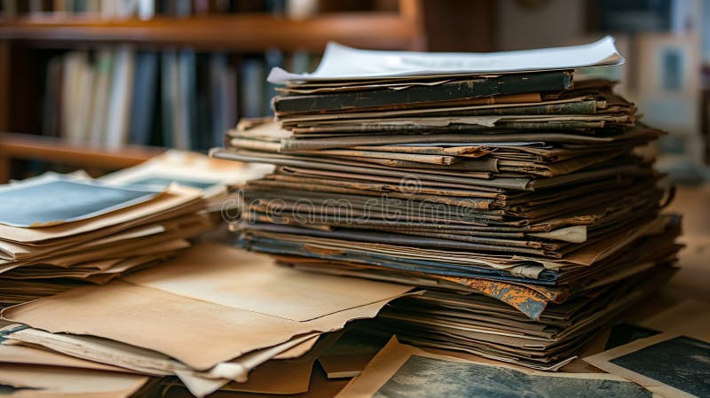Heaps of Worn-out Files and Folders Stacked Messily on a Table Stock ...