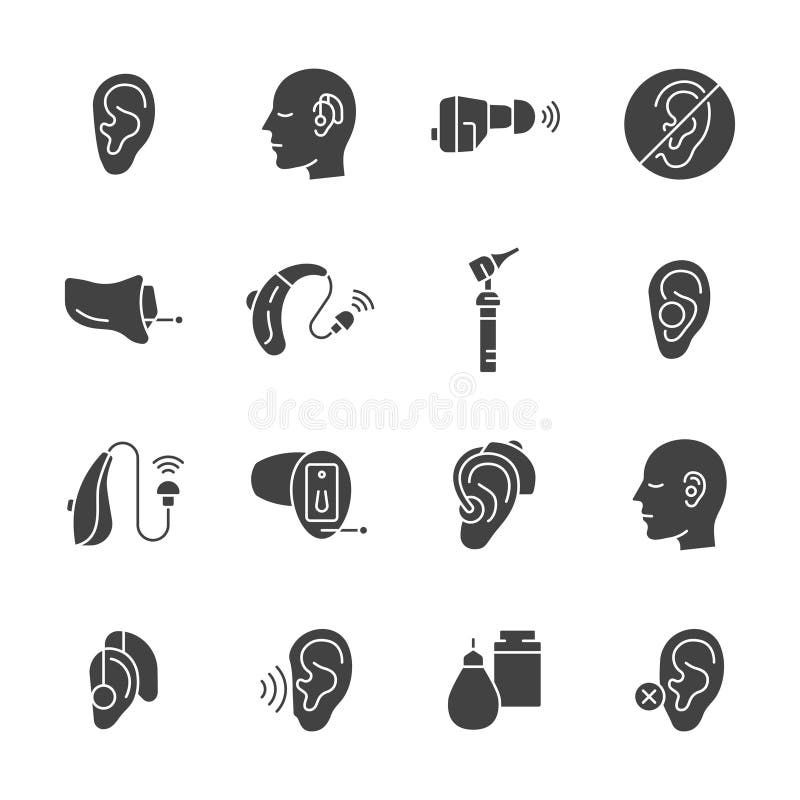 Hearing Aid Glyph Icon Set. Hearing Problem Sign Stock Vector ...