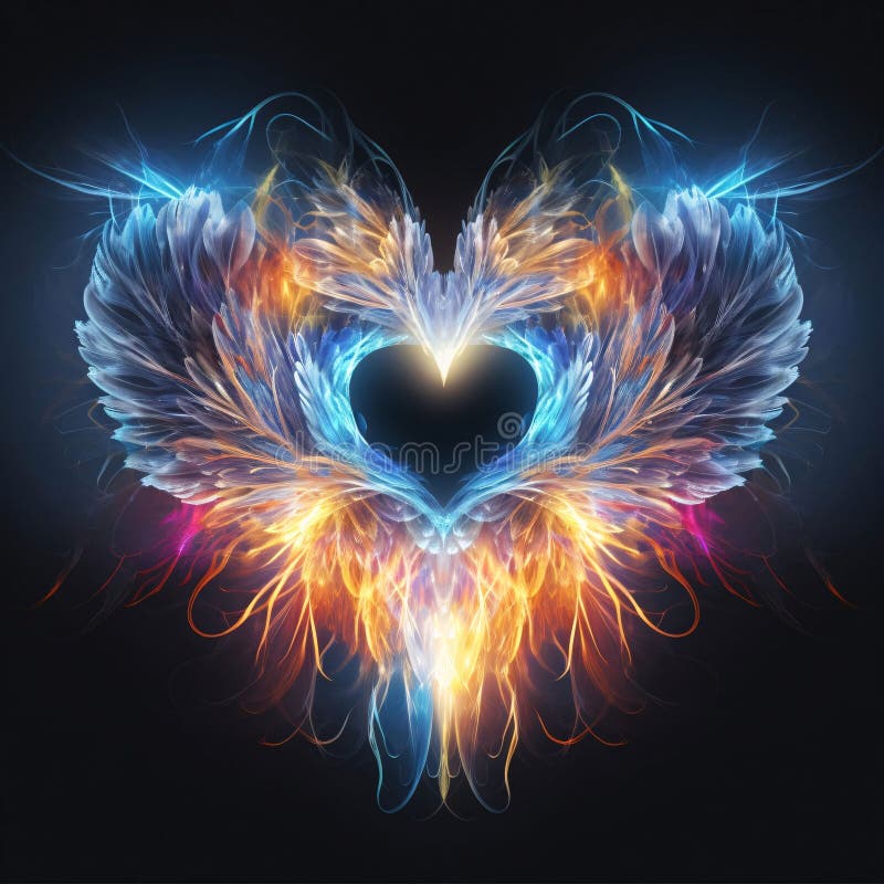 Heart with Angel Wings and Rays of Colored Rainbow Light Black ...