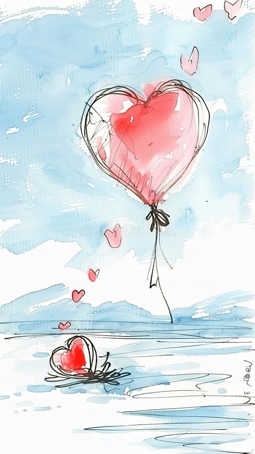 Heart Balloon Floating in Sky with Heart-shaped Leaves and Dreamy Water ...