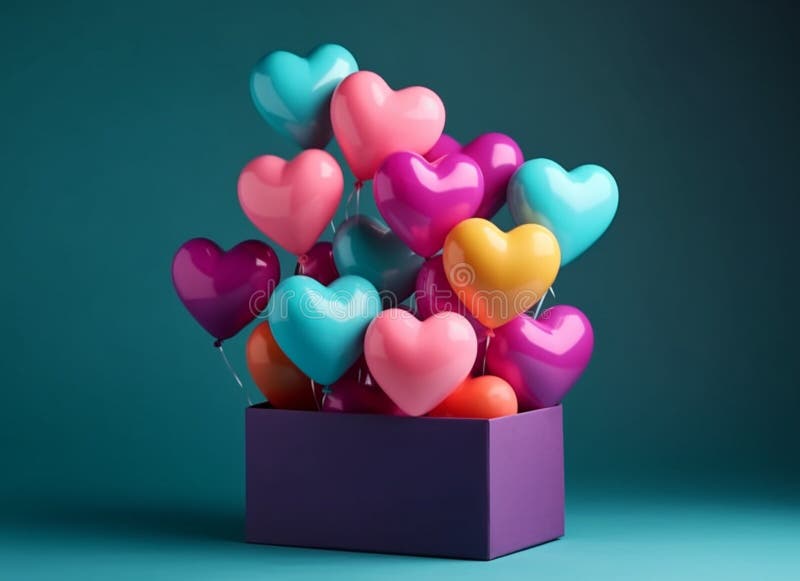 Heart Balloons Colored Emerge from Gift Box, Celebration Concept ...