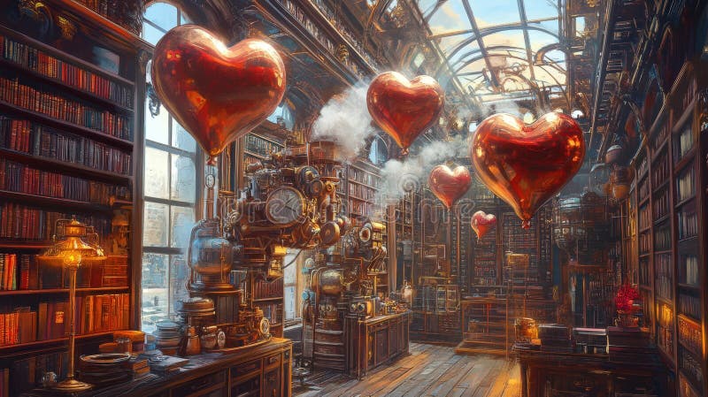 Heart Balloons Float Above a Steampunk Library Stock Photo - Image of ...