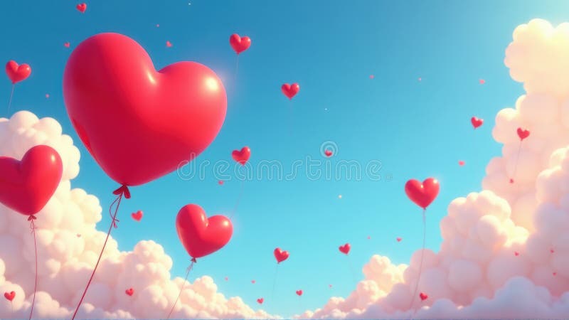 Heart Balloons Floating in a Blue Sky Stock Illustration - Illustration ...