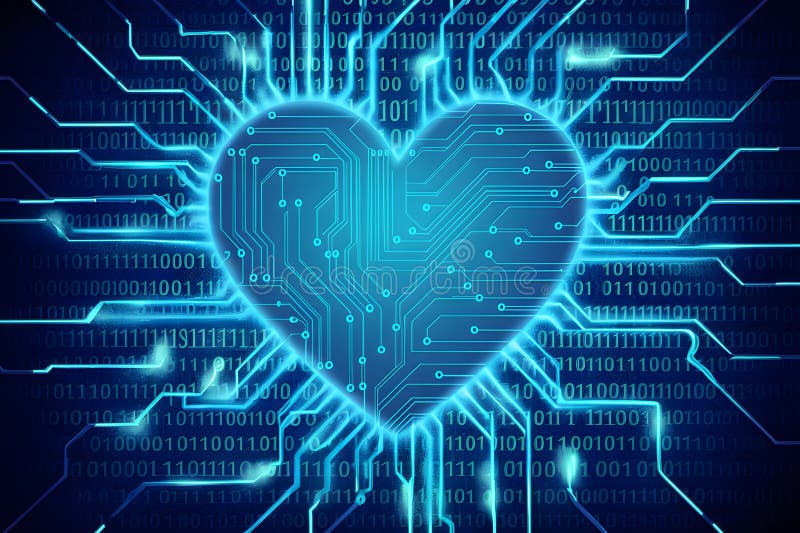 Heart with Blue Circuitry Patterns, Binary Code Backdrop, Symbolizing ...