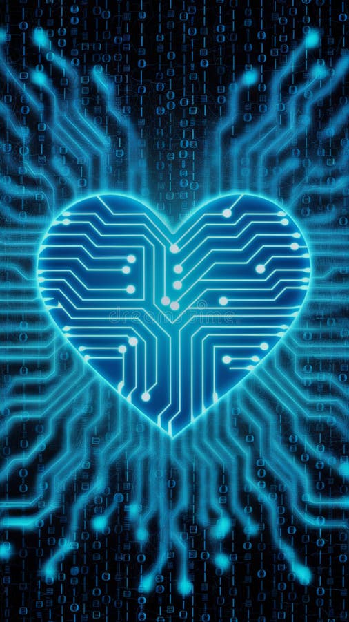 Heart with Blue Circuitry Patterns, Binary Code Backdrop, Symbolizing ...