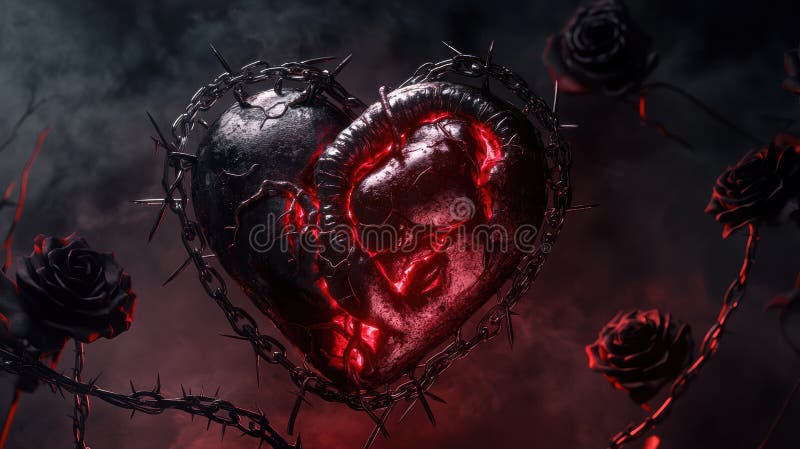 Chained Heart Encircled by Dark Roses Emits a Glowing Red Light in an ...