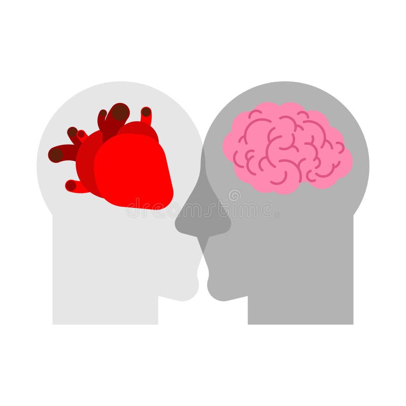 Heart and Brain in Two Head. Mind or Feelings Concept Stock Vector ...