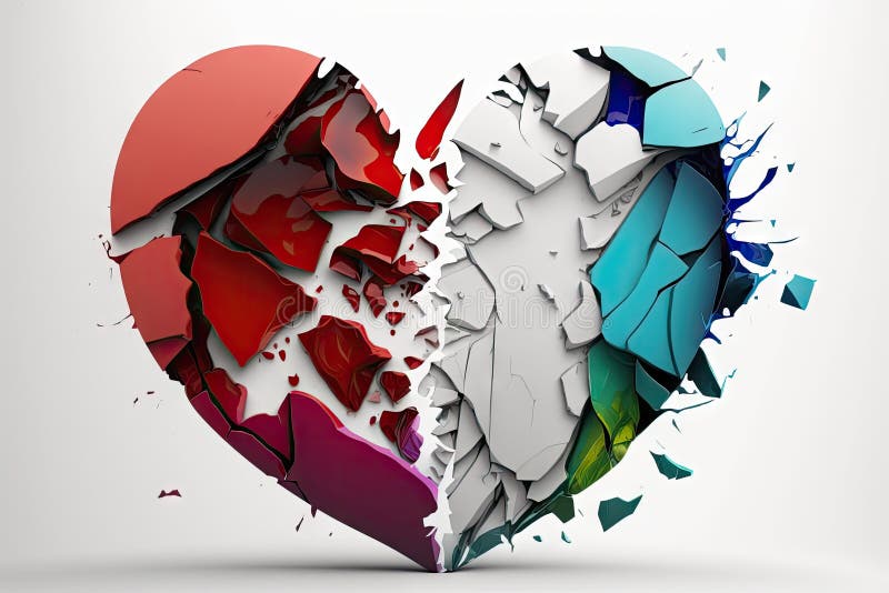 Heart Breaking in Half, with the Broken Pieces Scattered on a White ...