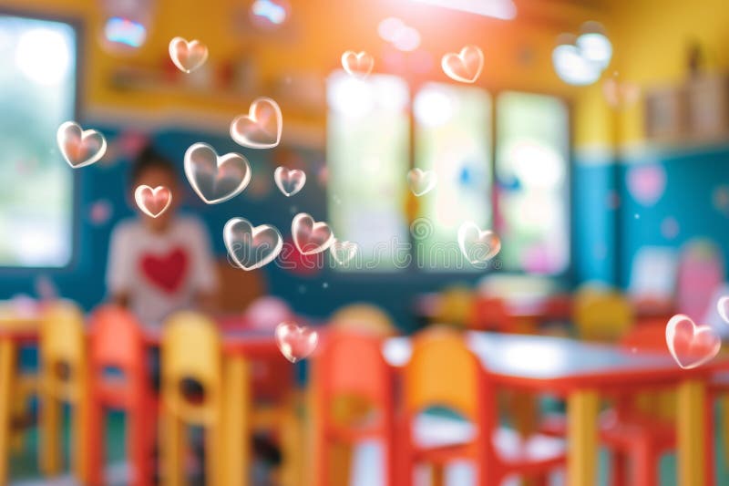 Heart Bubbles Hovering Over Teacher in a Colorful Classroom Stock Photo ...