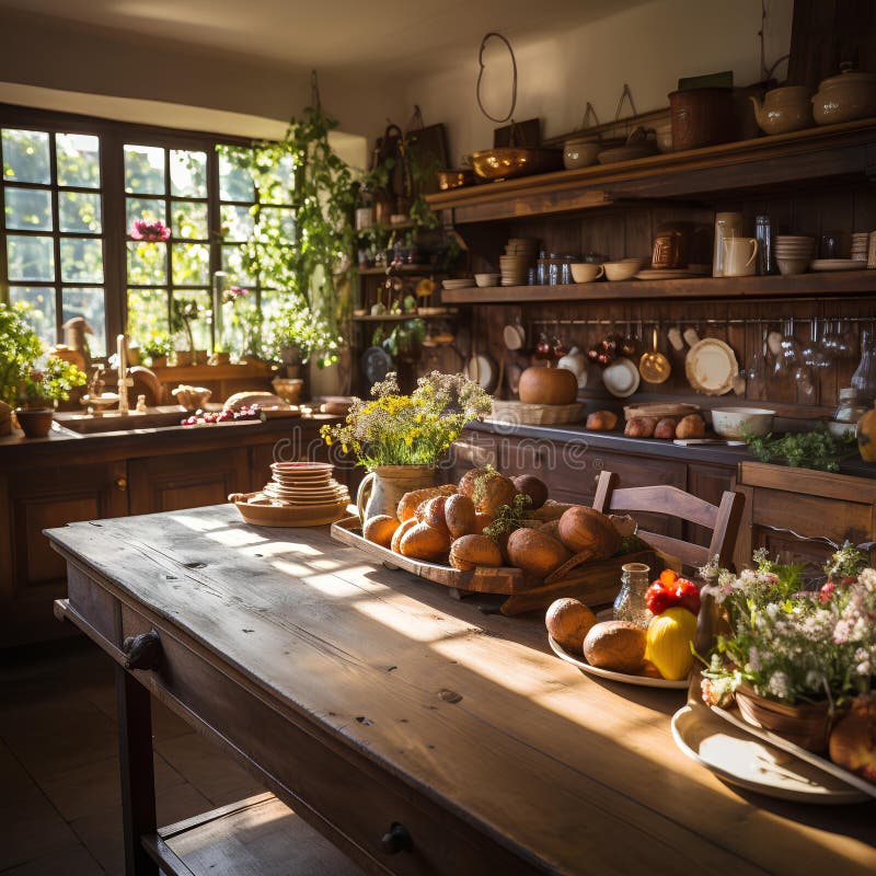An Antique Wooden Table in a Rustic Farmhouse Kitchen Stock ...