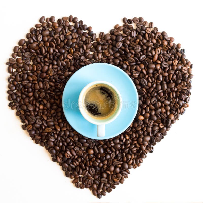 Heart of Coffee Beans with Azure Blue Cup Isolated on White Back Stock ...