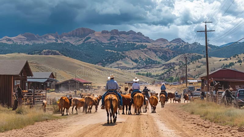Cowboys Herding Cattle Down a Dusty Ranch Road Under Dramatic Clouds ...