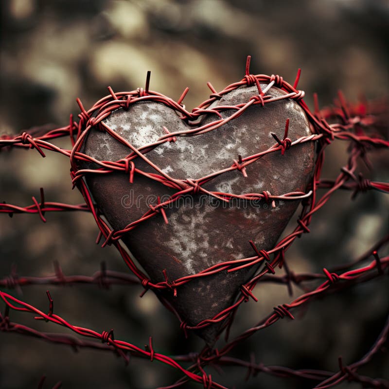 Heart Covered with Barbed Wire Next To a Tree on the Ground Stock ...